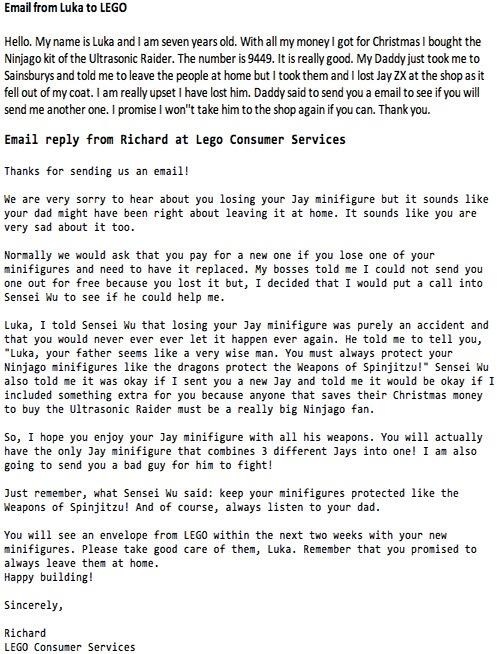 Heartwarming letter from Lego customer service to a 7 year old boy ...